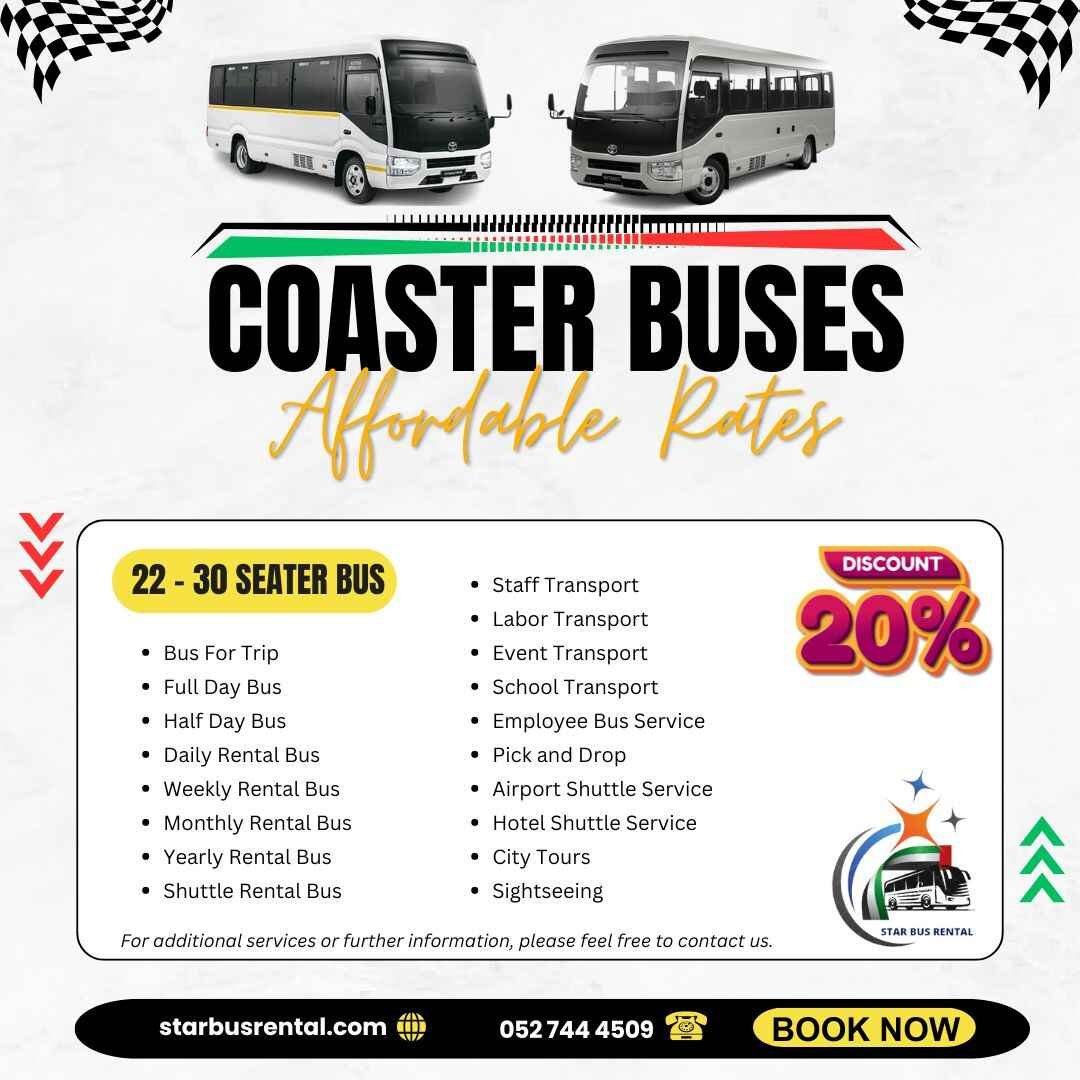 Coaster Bus Rental in Sharjah, Dubai, Ajman – 30-Seater Bus Hire